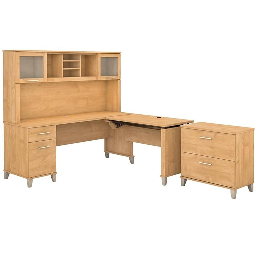 Pemberly Row Sit to Stand L Desk with Hutch & Cabinet in Maple ...