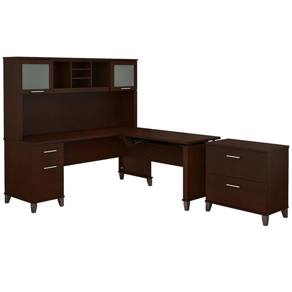 Pemberly Row Sit to Stand L Desk with Hutch and Cabinet in Cherry ...