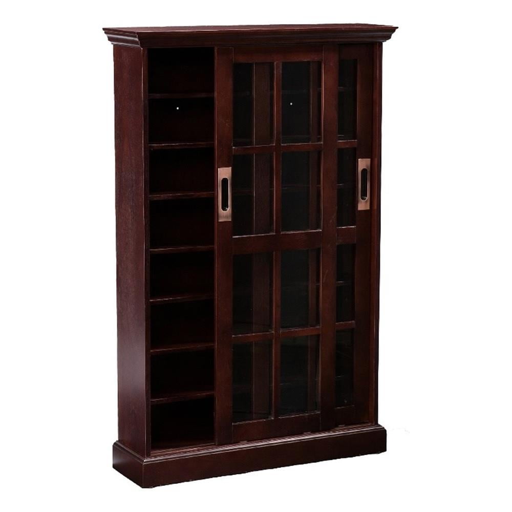 Pemberly Row Sliding-Door Wood Glass Window-Pane Media Cabinet in Brown ...