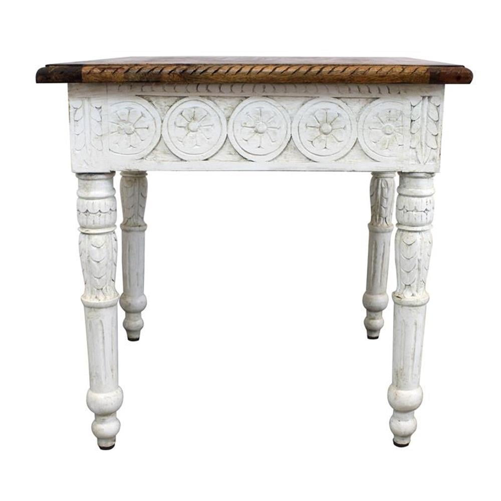 Pemberly Row Solid Wood Hand Carved End Table with Brown Top and Ivory ...