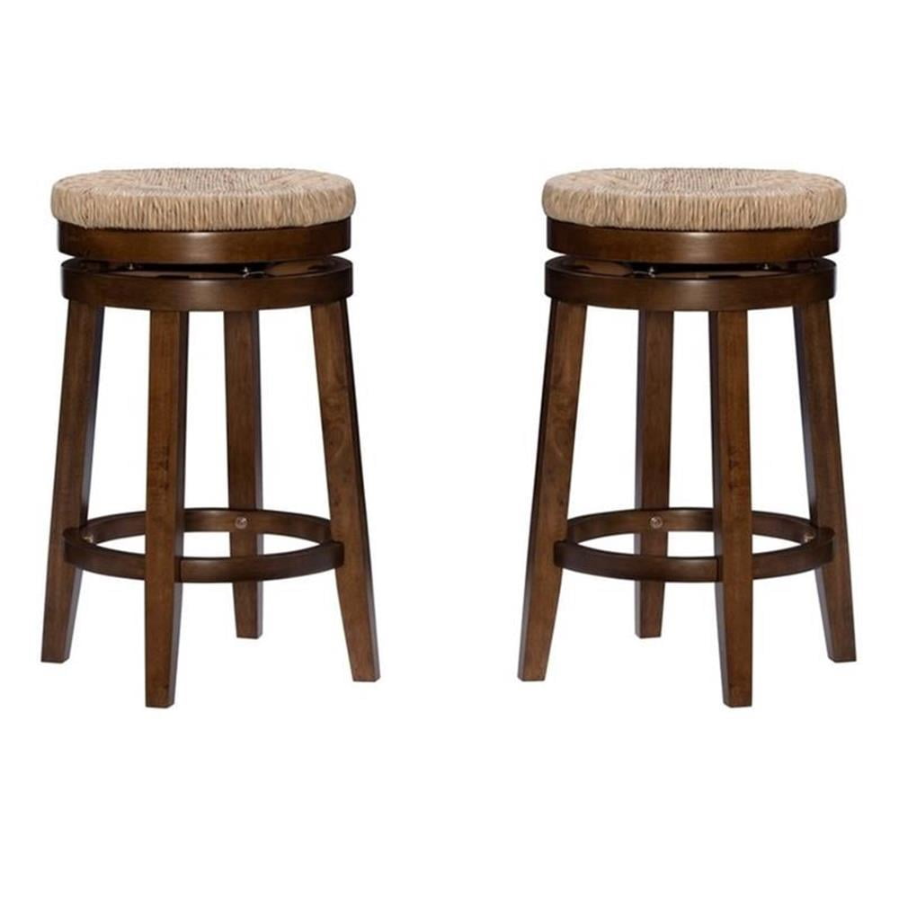 Pemberly Row Solid Wood Swivel Rush Counter Stool in Walnut Brown - Set ...