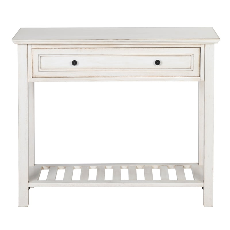 Pemberly Row Solid Wood Tall White Console Table with Storage and Shelf ...
