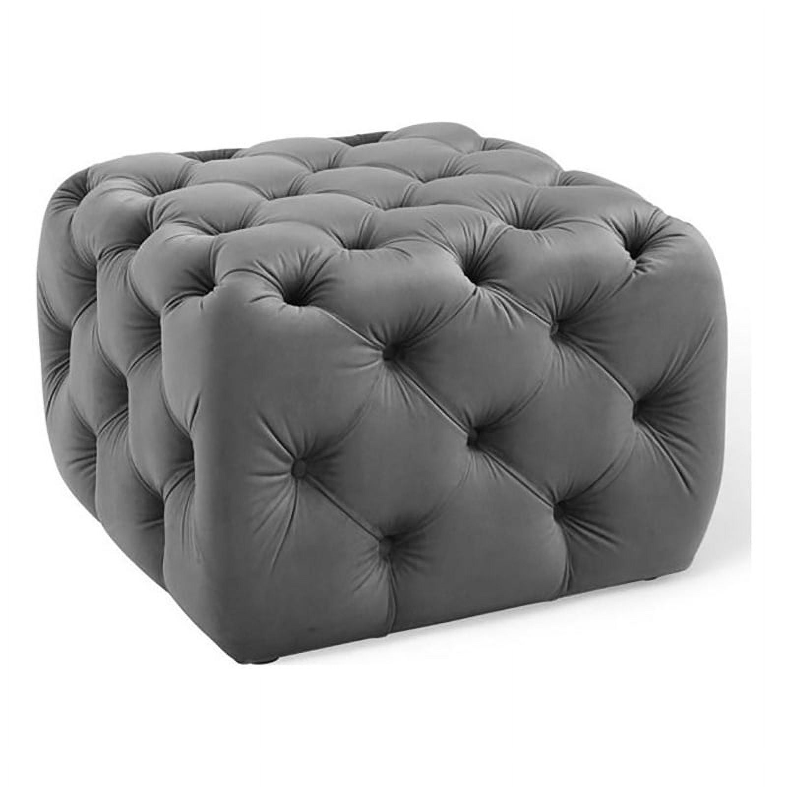 Pemberly Row Square Modern Velvet Button Tufted Ottoman in Gray ...