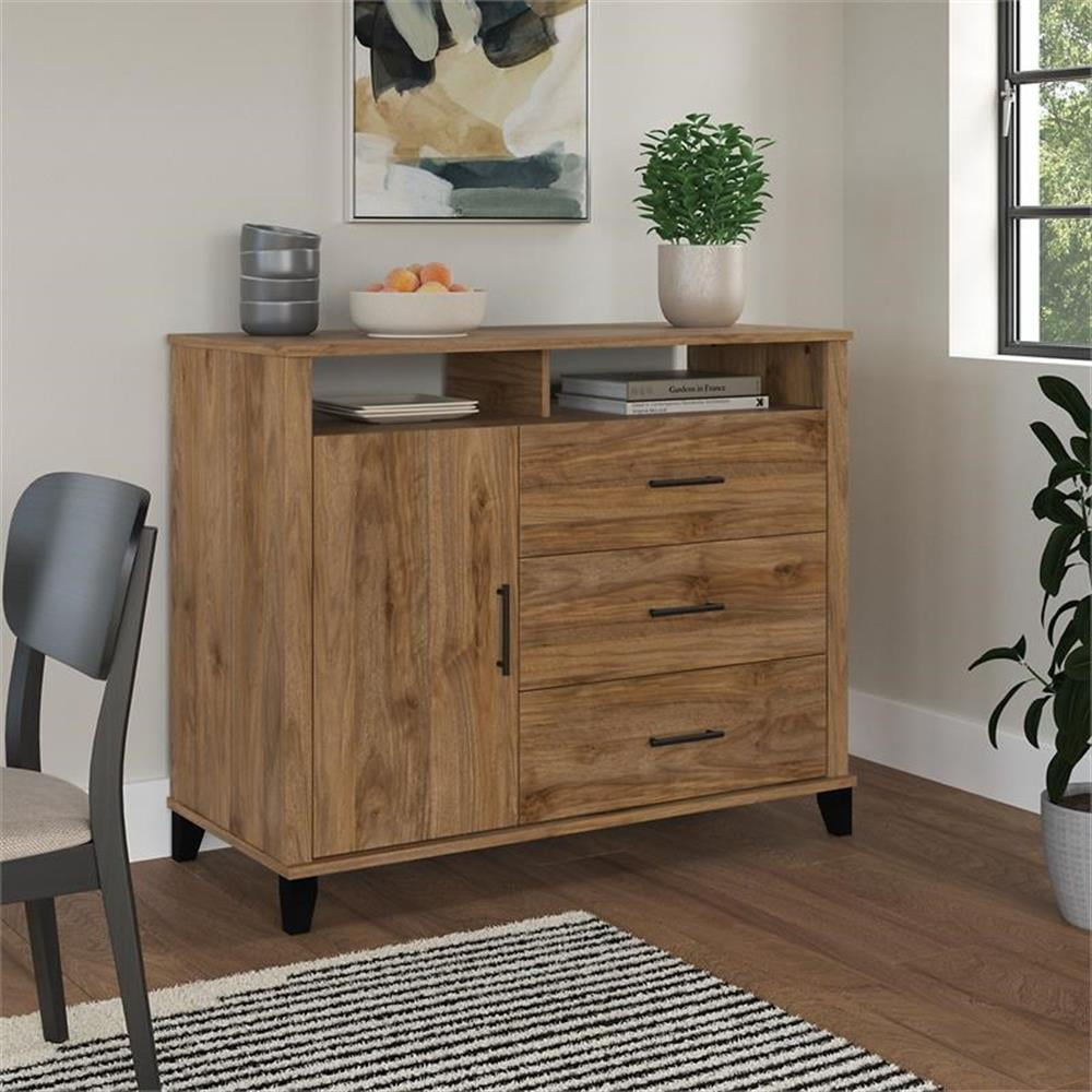 Pemberly Row Tall Sideboard Buffet Cabinet in Fresh Walnut - Engineered ...