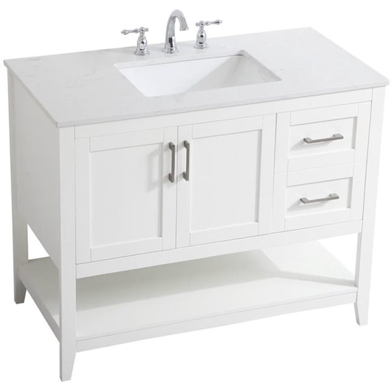 Pemberly Row Traditional 42" Single Quartz Top Bathroom Vanity in White ...