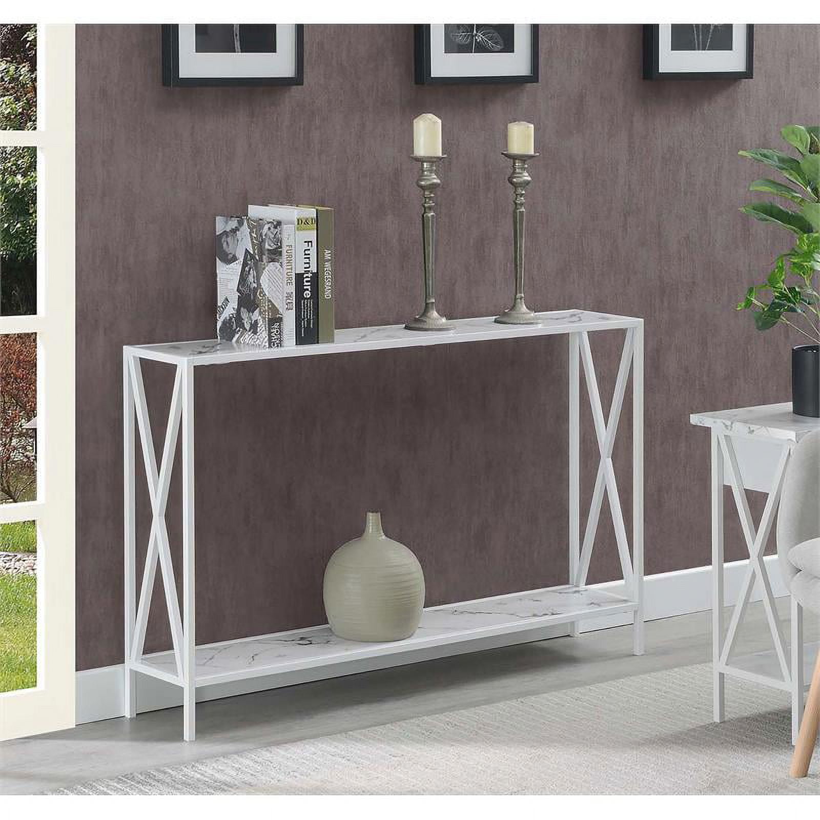 Pemberly Row Transitional Console Table with Shelf in White Marble Wood ...