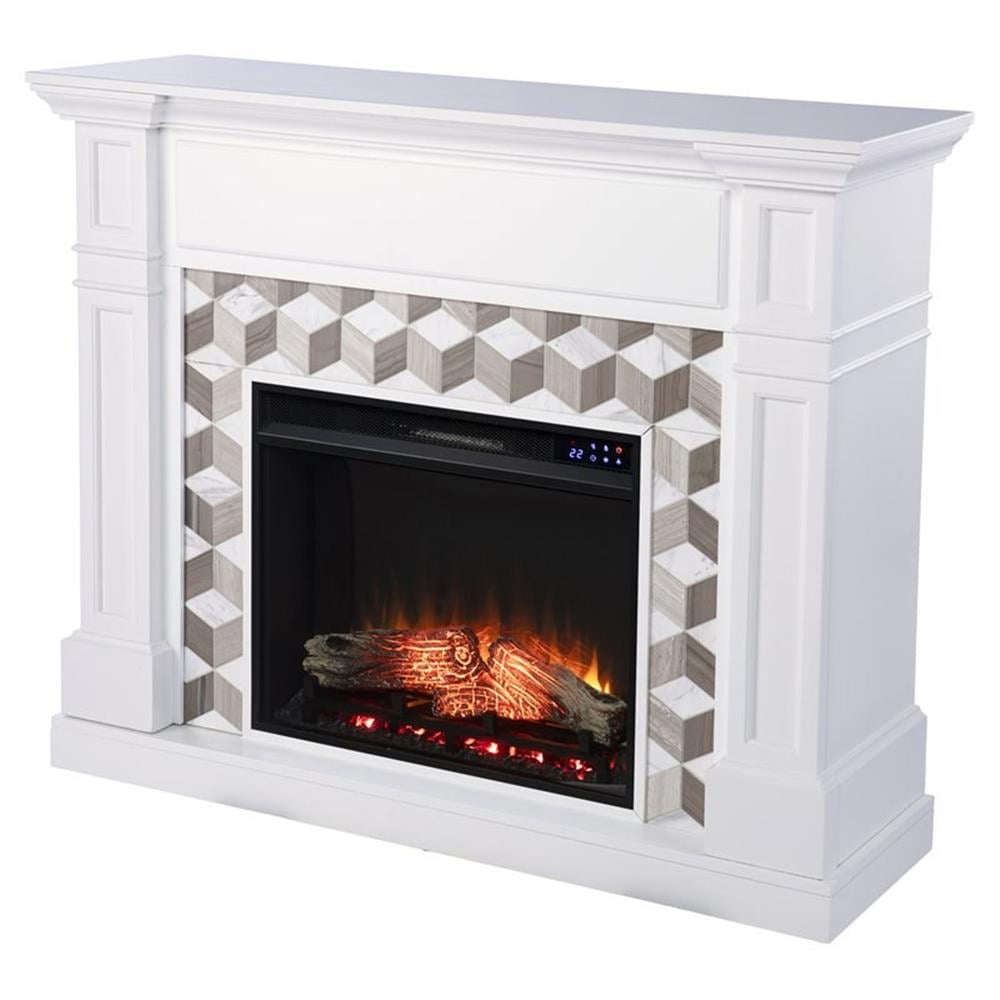 Pemberly Row Transitional Wood-Marble Electric Fireplace in White ...