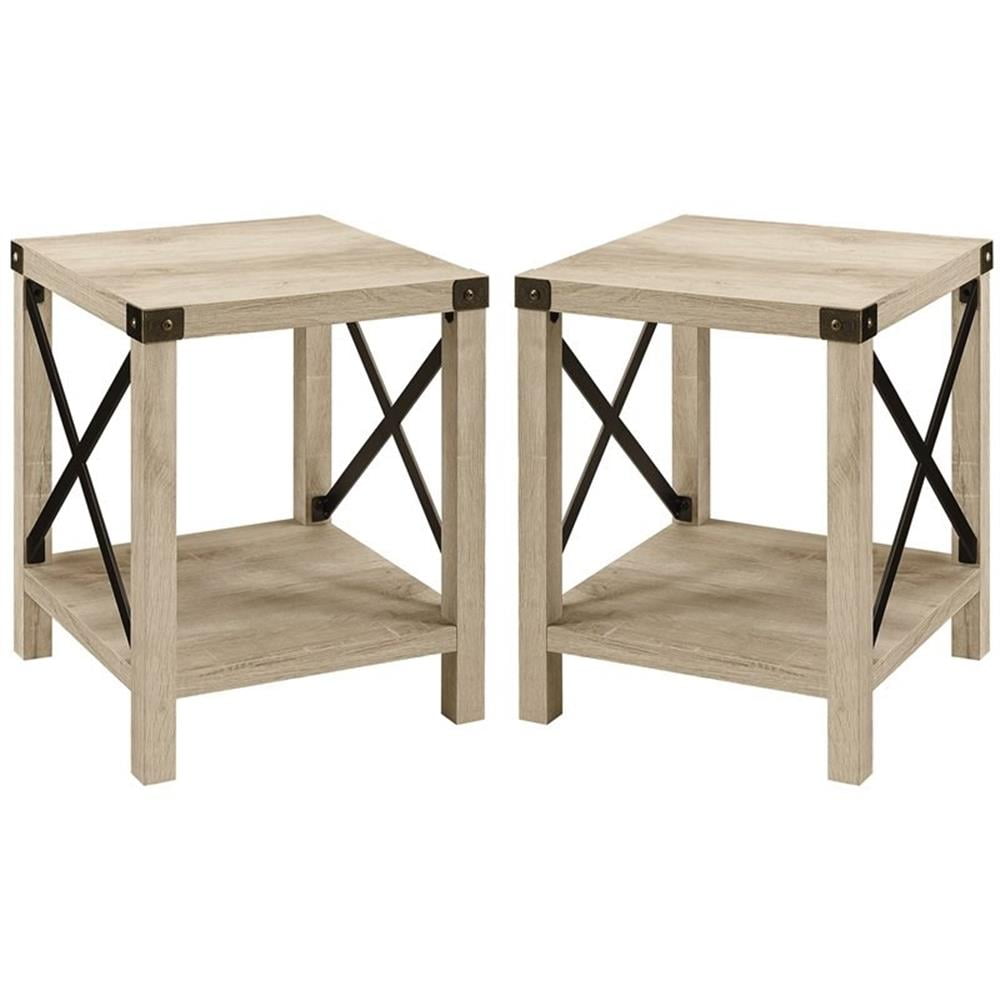 Pemberly Row Transitional Wood Metal-X End Table with Shelf in Oak (Set ...