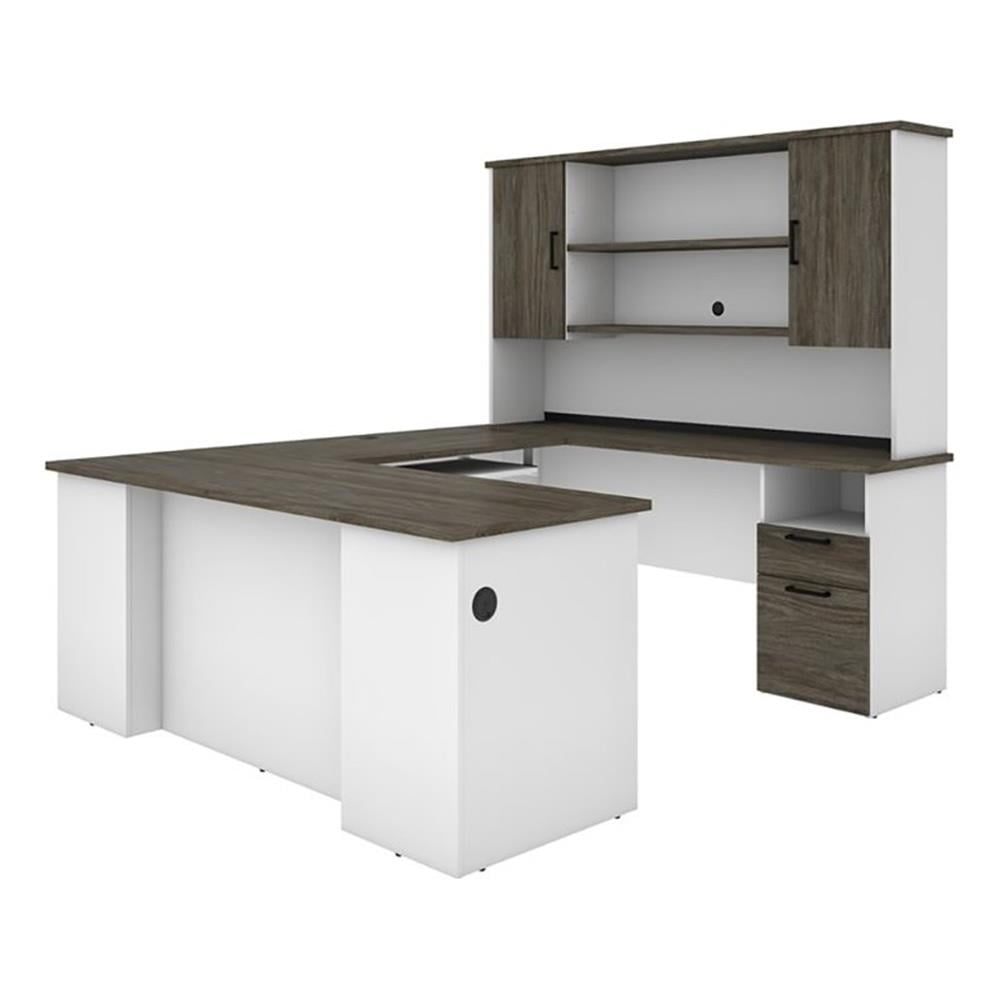 Pemberly Row Transitional Wood U Shaped Computer Desk with Hutch, Gray ...