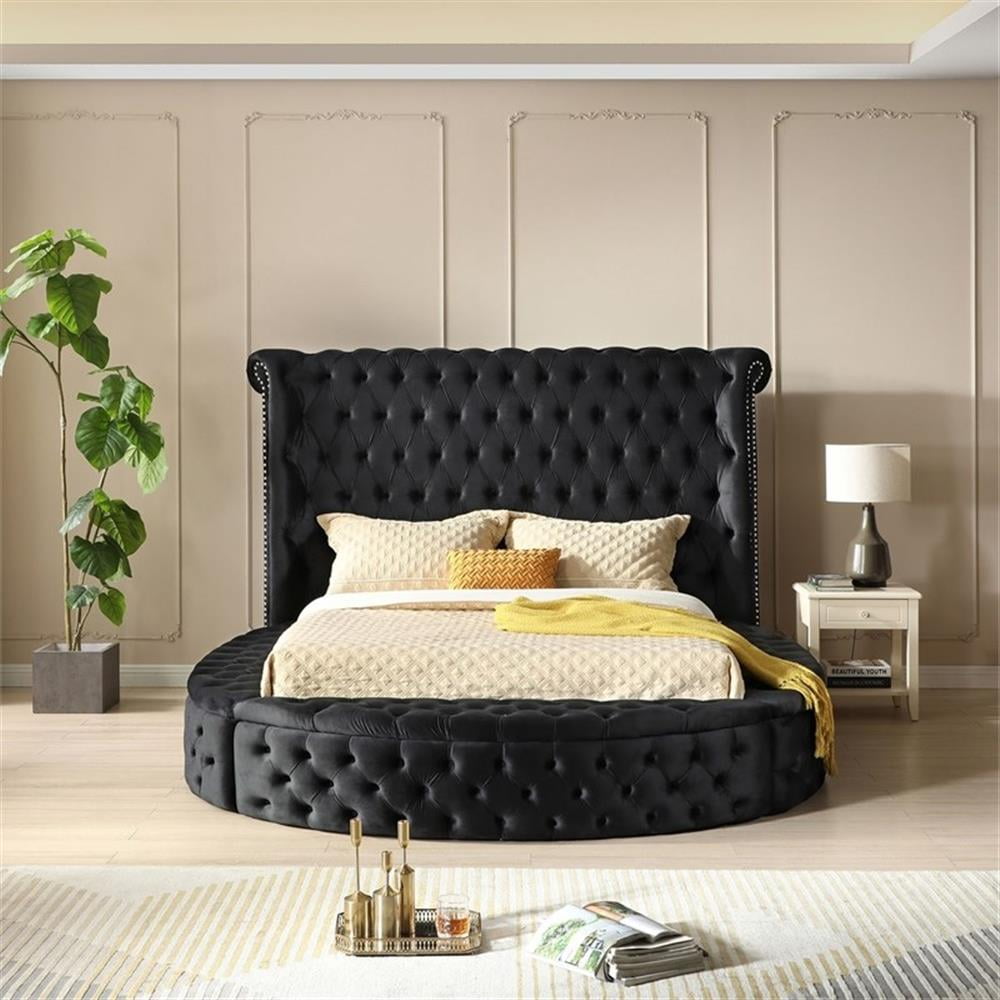 Pemberly Row Upholstered Queen Round Storage Bed in Black Color ...
