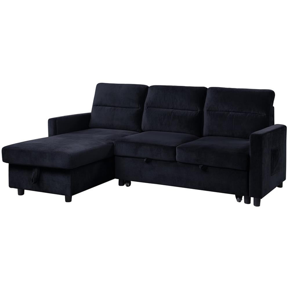 Pemberly Row Velvet Reversible Sleeper Sectional with Storage in Black ...