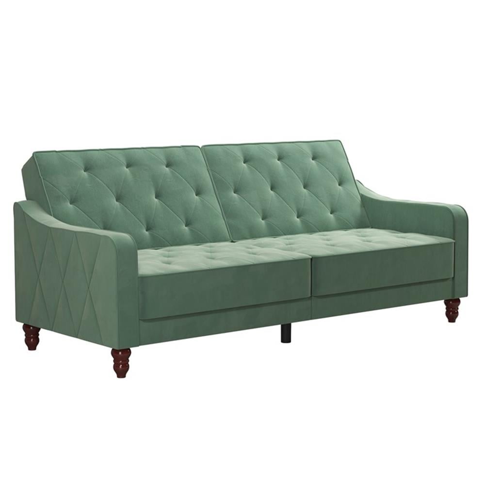 Pemberly Row Vintage Tufted Split Back Futon in Light Green Velvet ...