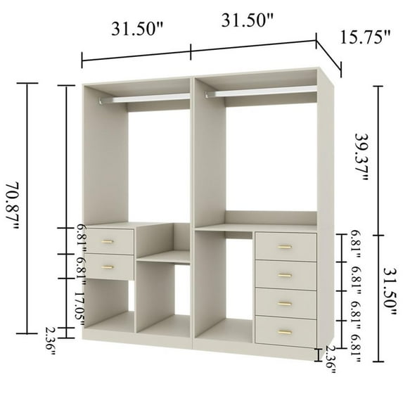 Pemberly Row Walk-in Closet Kit with 6 Drawers and 2 Hanging Rods in ...