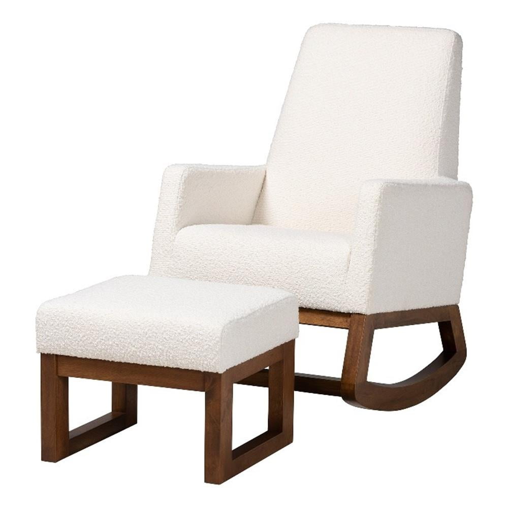 Pemberly Row White Upholstered Brown Wood 2-Piece Chair and Ottoman Set ...
