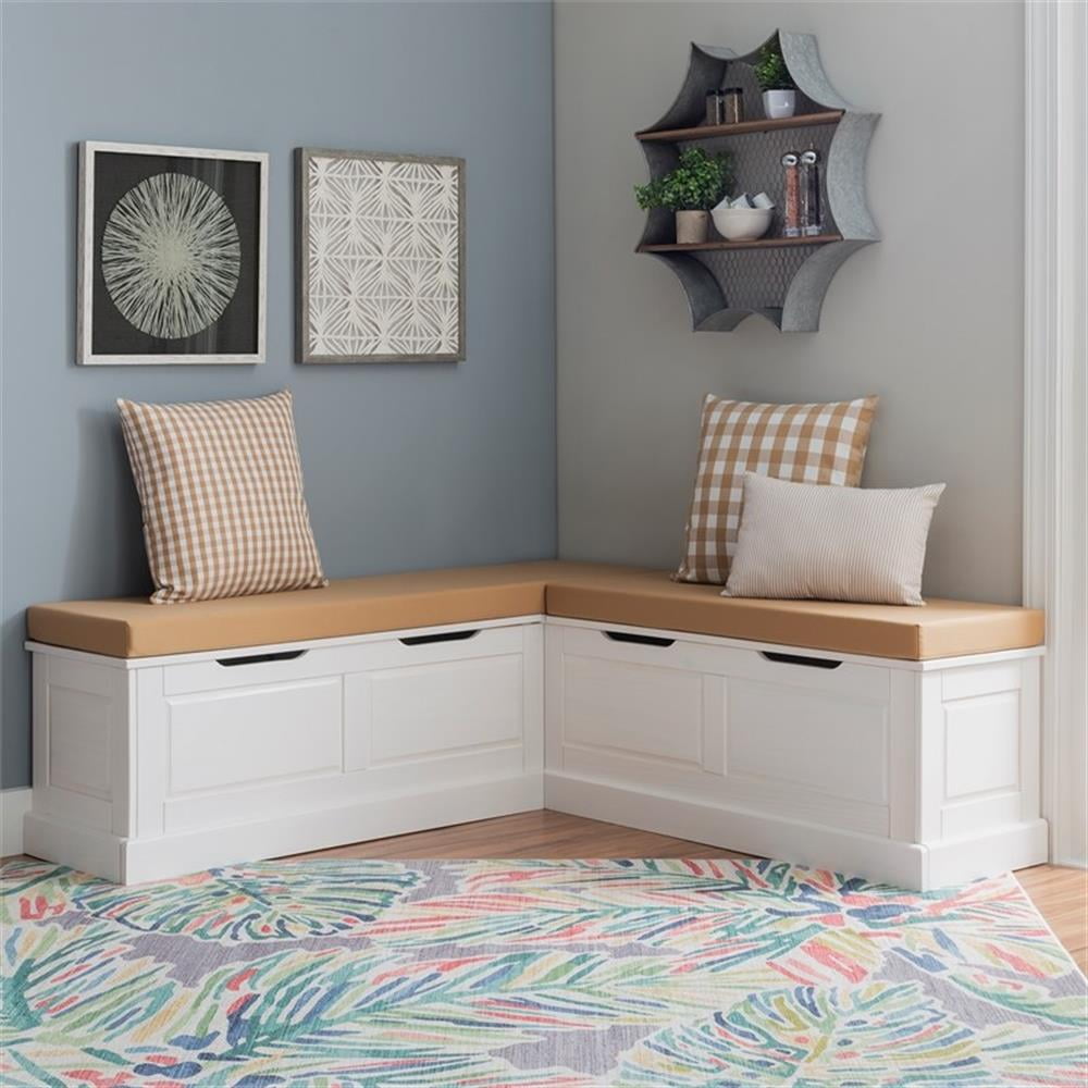 Pemberly Row White Wood Nook With Beige Polyester Fabric Cushions ...