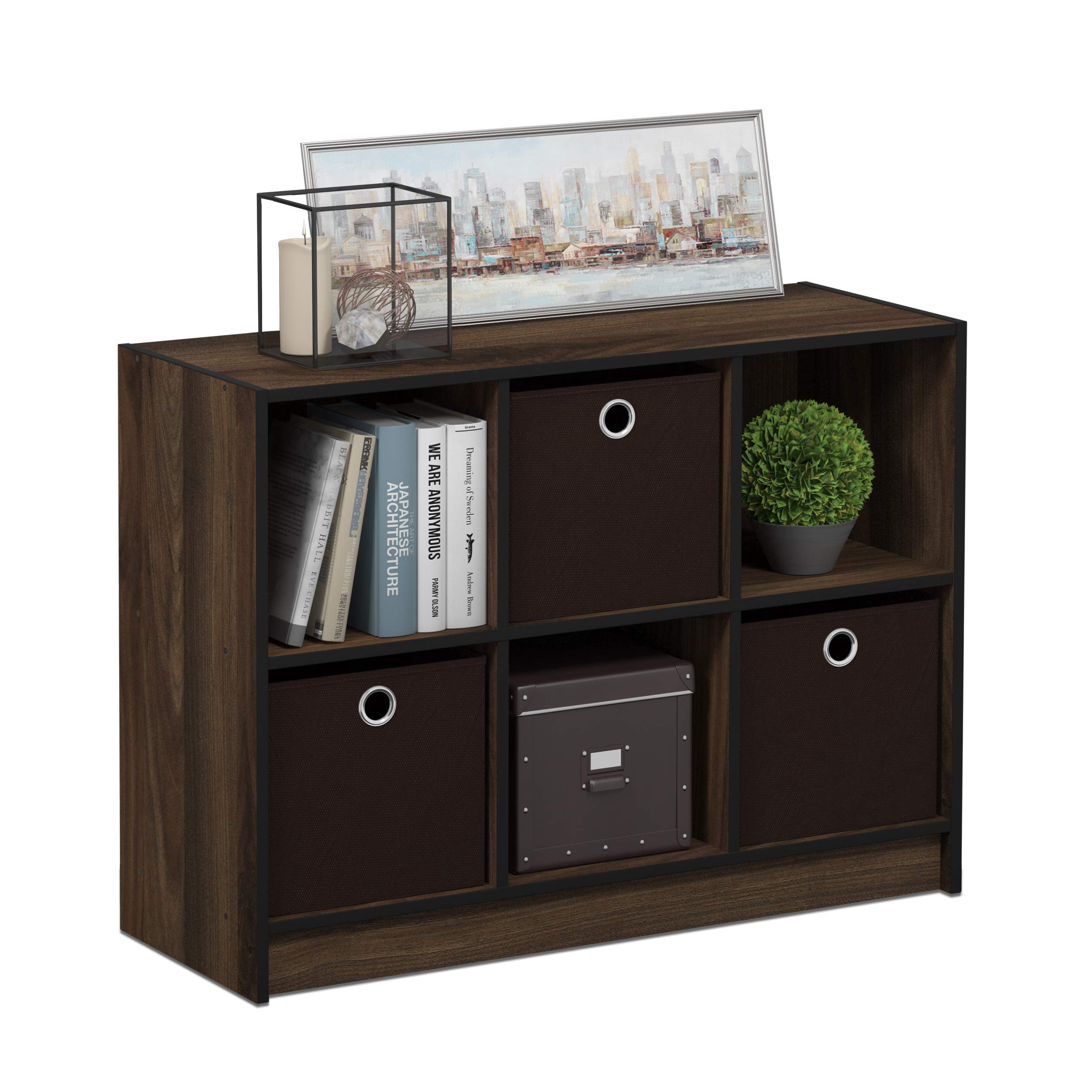 Pemberly Row Wood 3x2 Bookcase Storage w/Bins in Columbia Walnut/Dark ...