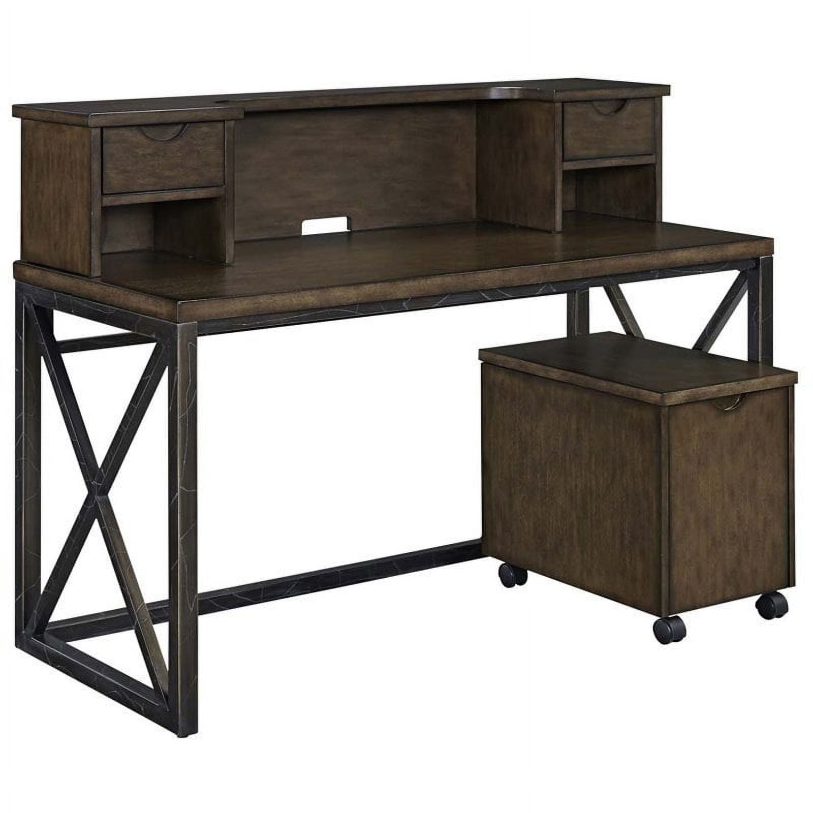 Pemberly Row Wood Desk with Hutch and File Cabinet in Brown Finish ...
