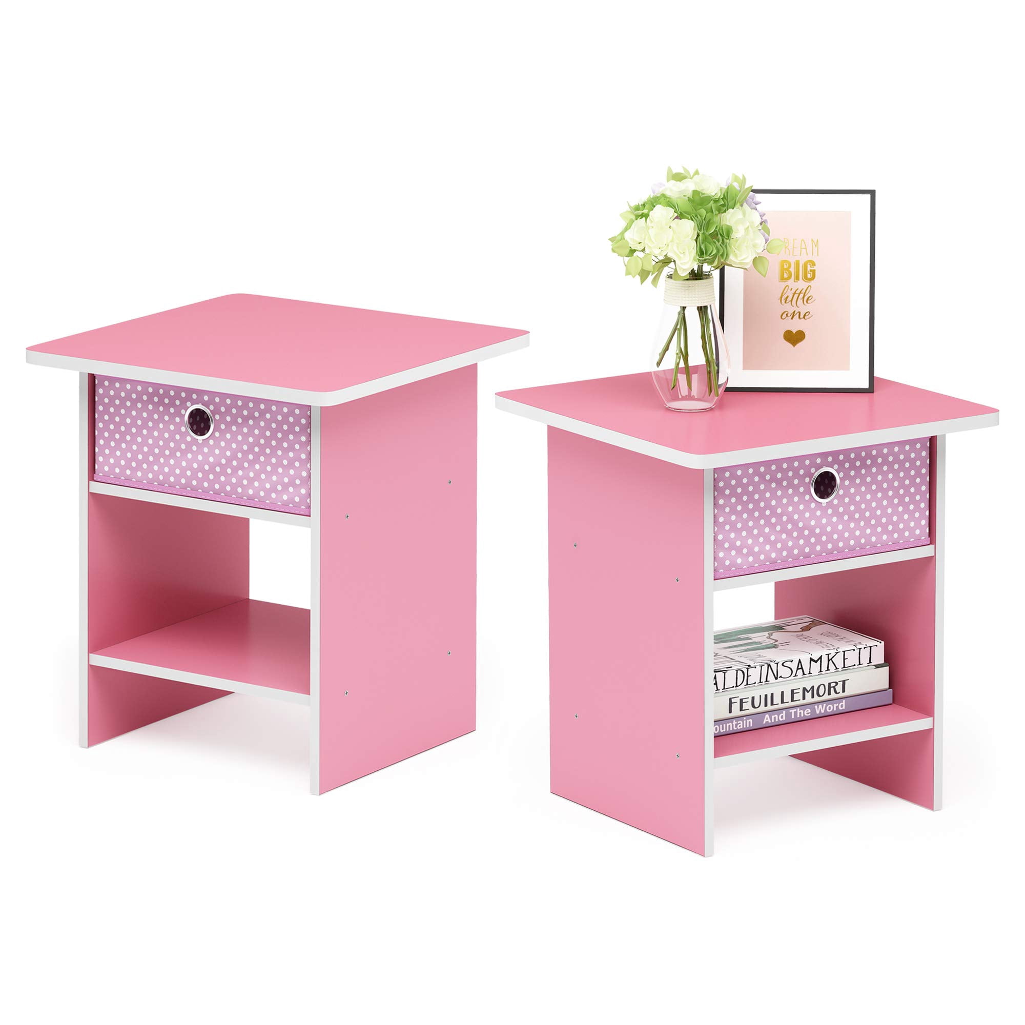 Pemberly Row Wood End Table with Storage Shelf in Light Pink (Set of 2 ...