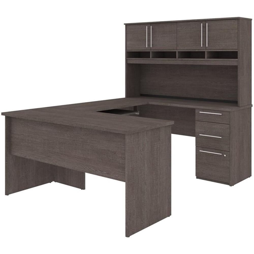 Pemberly Row Wooden Configurable Computer Desk with Hutch in Bark Gray ...