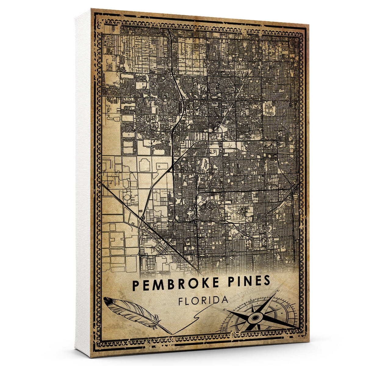 Pembroke Pines Vintage Map Prints Canvas, Florida Map Art Canvas ...