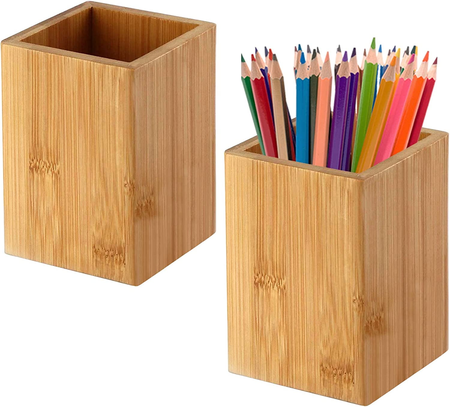 Pen Cup Holder,2 Pack Bamboo Wood Desk Pencil Holder Stand Multi ...