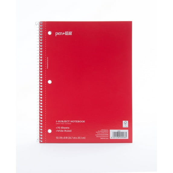 Pen + Gear 1-Subject Notebook, Wide Ruled, Red, 70 Sheets - Walmart.com