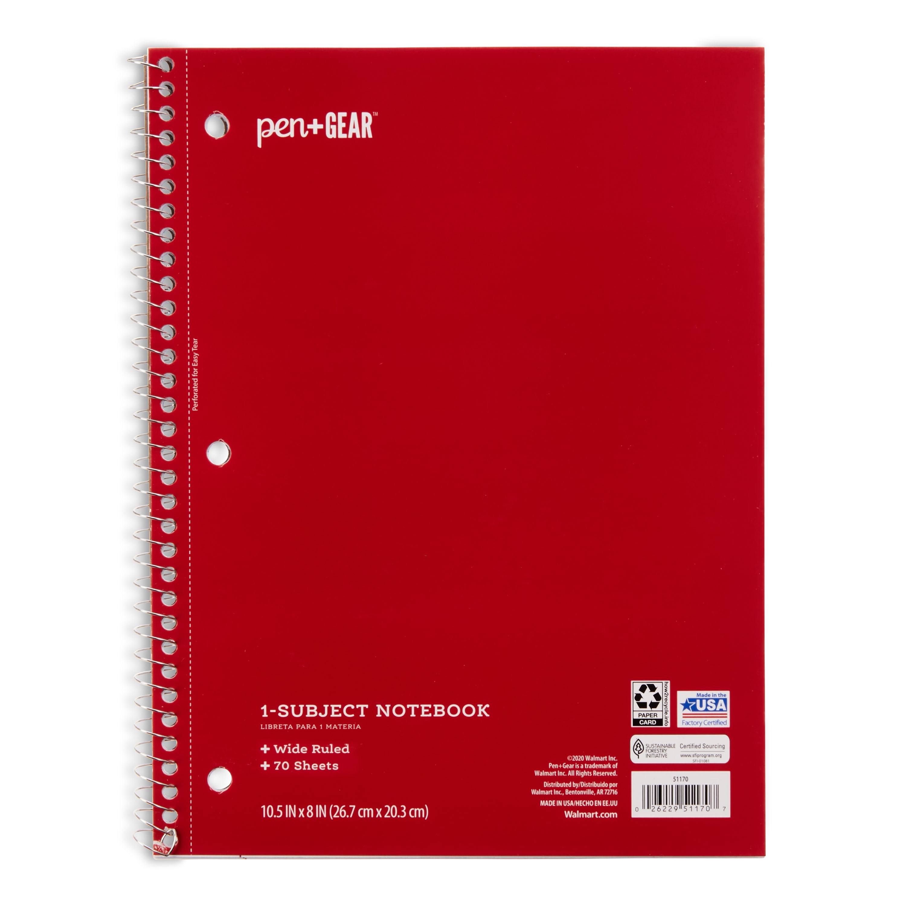 Pen+Gear 1-Subject Notebook, Wide Ruled, Red, 70 Sheets - Walmart.com