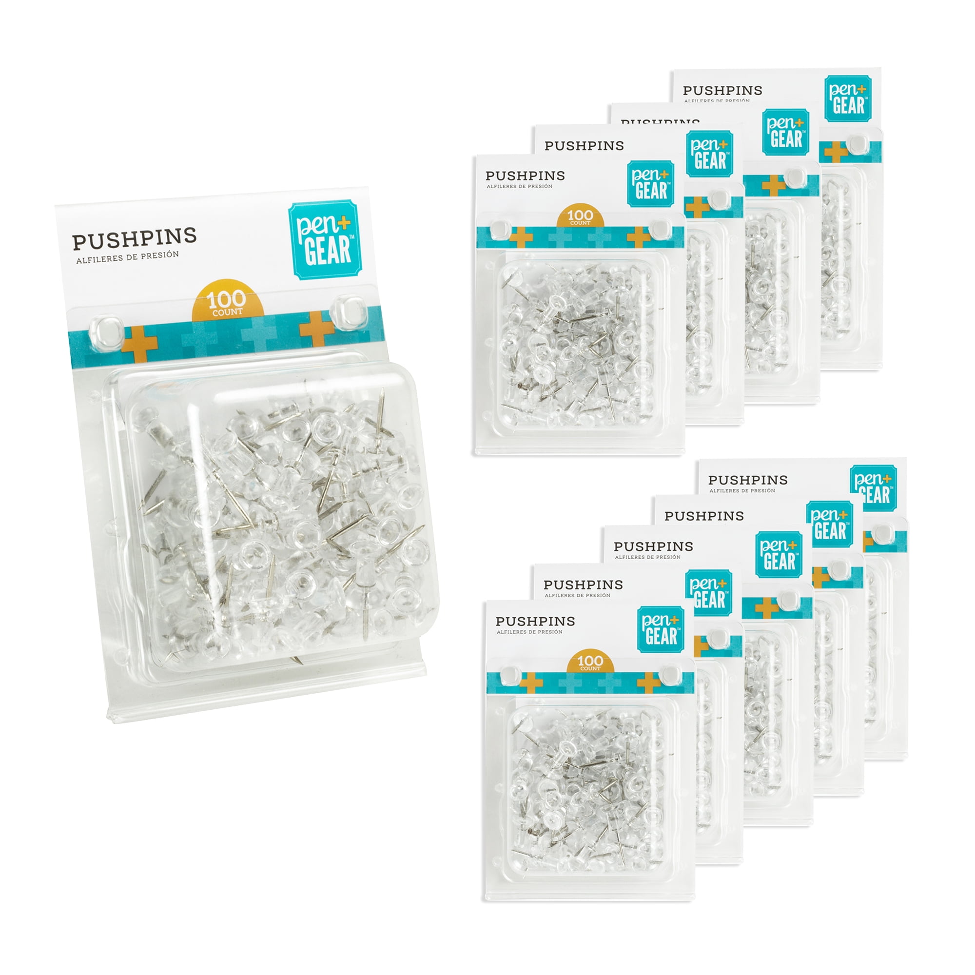 Pen+Gear 3/8" Clear Plastic Push Pins, 10 Packs, 100 Push Pins per Pack ...