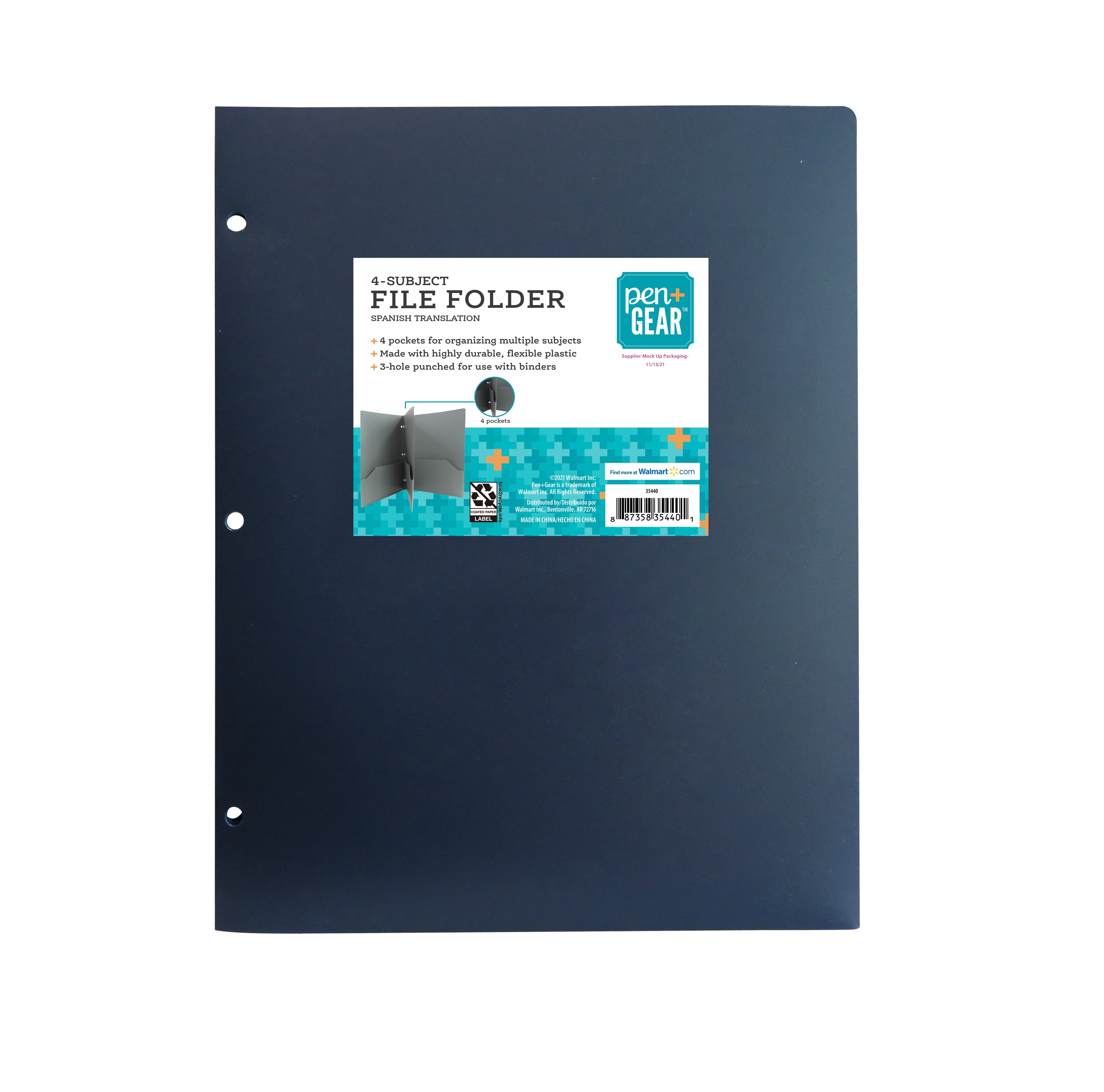 Pen+Gear 4 Subject Pocket Plastic File Folder, 3-Hole Punched, Letter ...