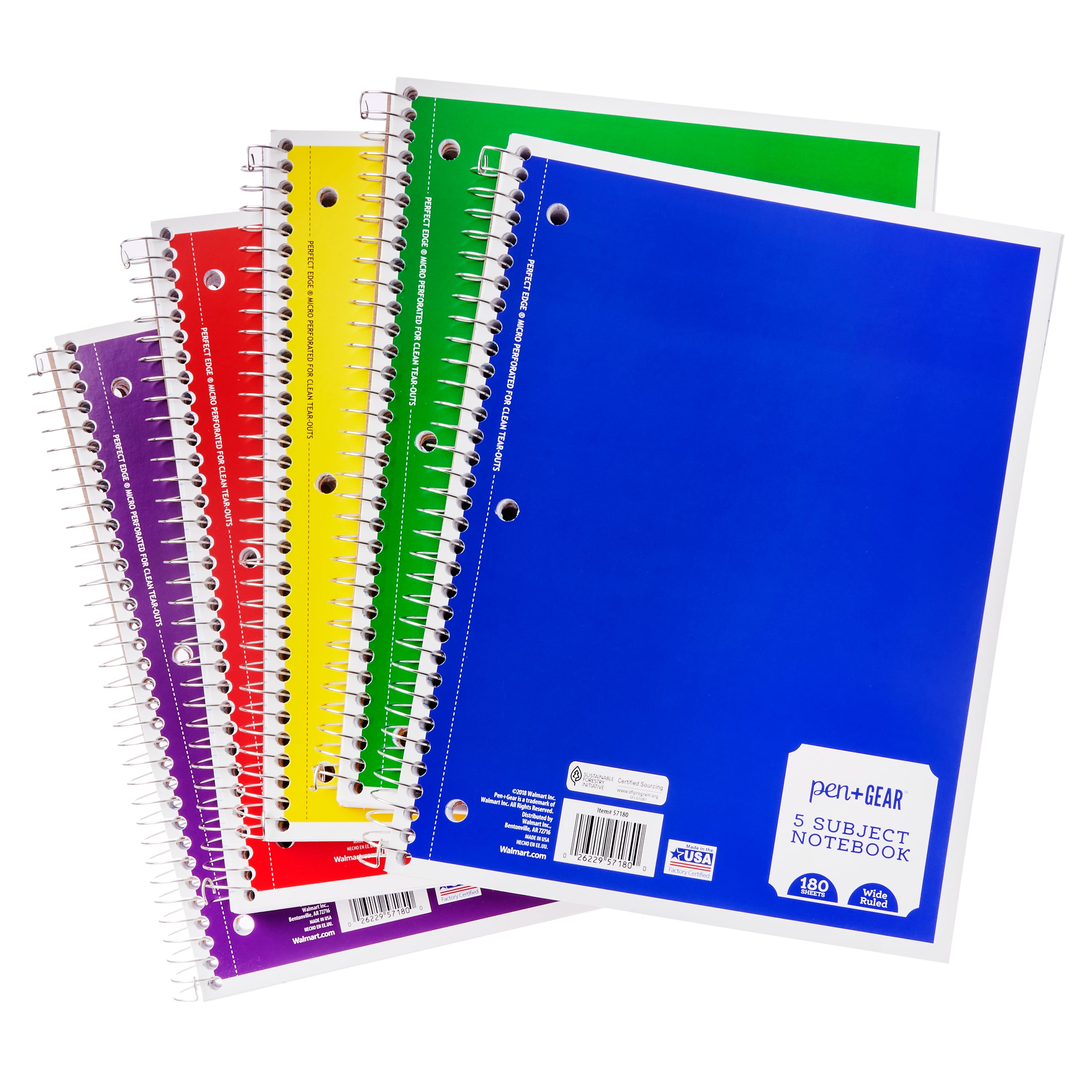 Pen Gear 5 Subject Spiral Notebooks Wide Ruled 180 Sheets Walmart