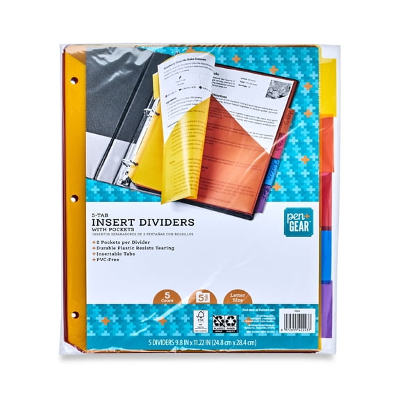 Pen+Gear Plastic 5-Tab Insert Dividers with Pockets Assorted Colors ...