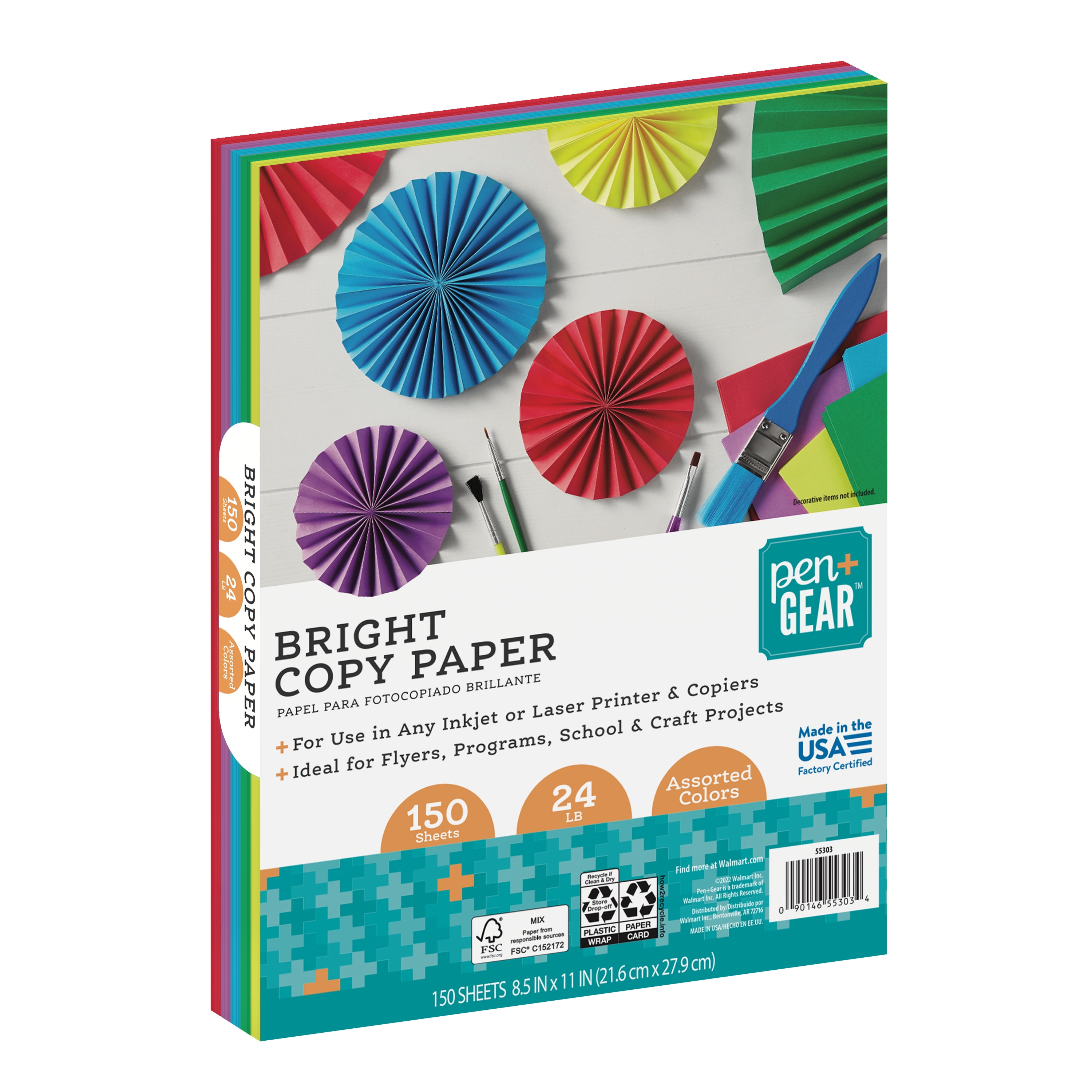 Pen+Gear Assorted Bright Copy Paper, 8.5" x 11", 24 lb, 150 Sheets ...