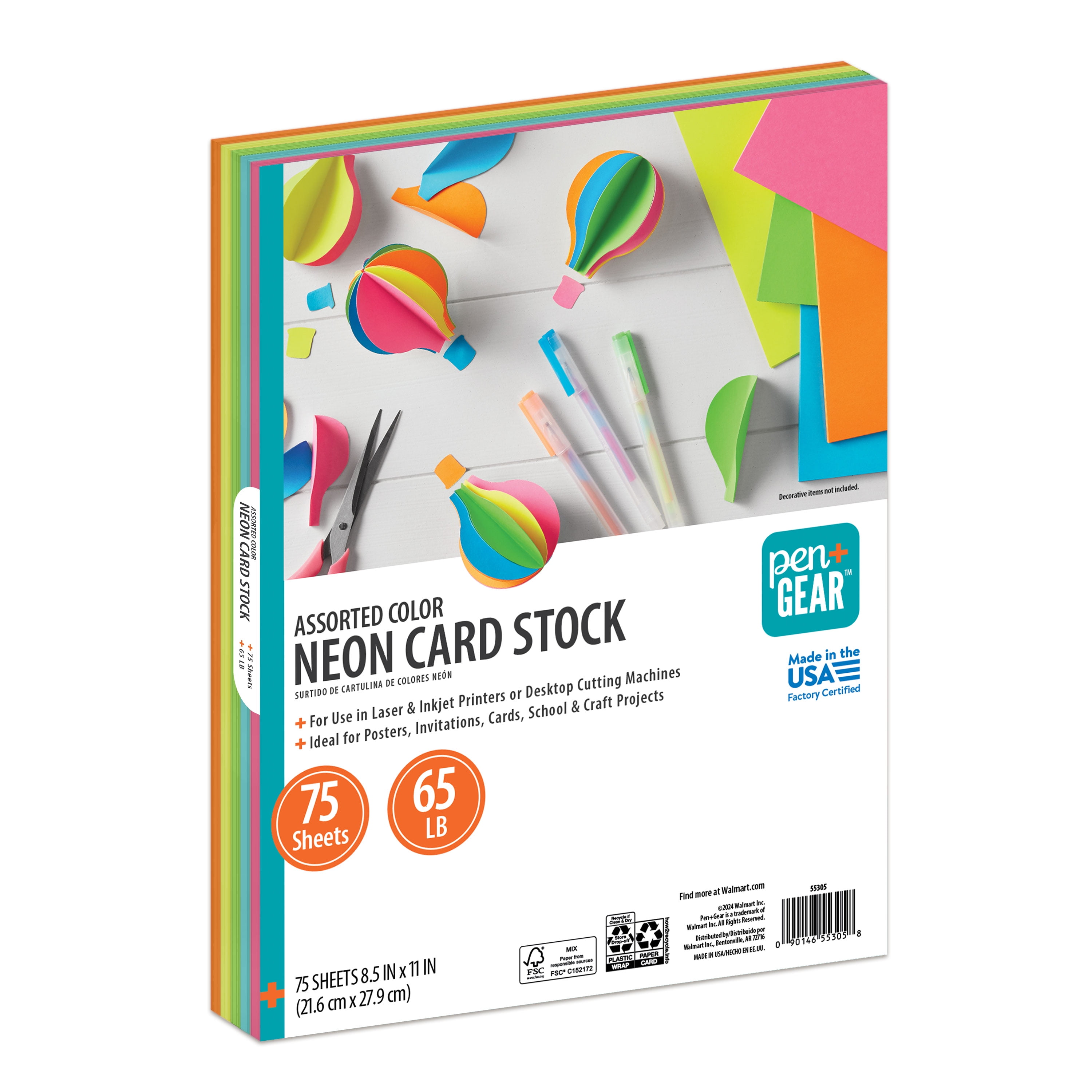 Pen+Gear Cardstock Paper, Assorted Neon, 8.5 x 11, 65 lb, 100 Sheets ...