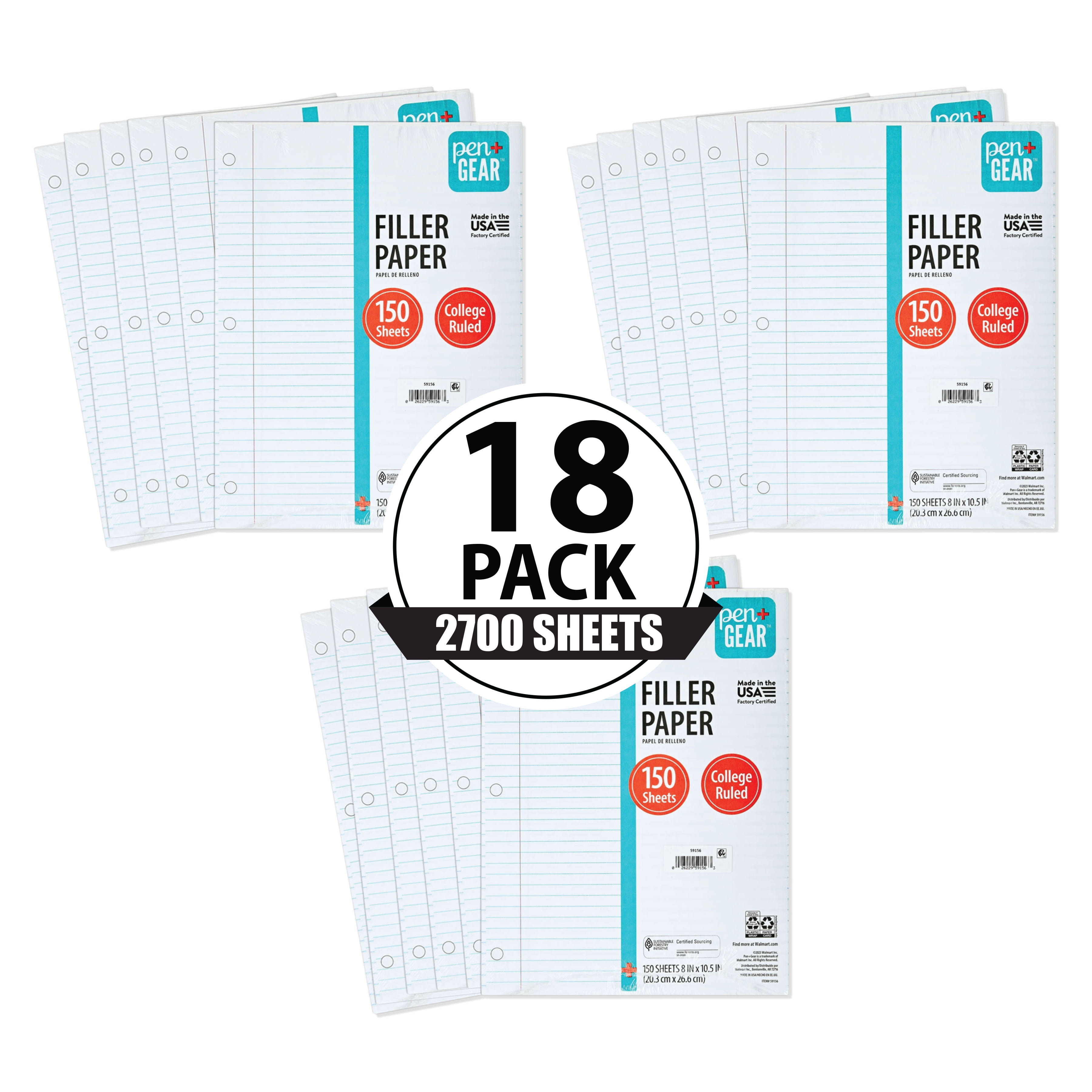 Pen+Gear College Rule Filler Paper, 8"x10.5, 150 Sheets Each (18 Pack ...