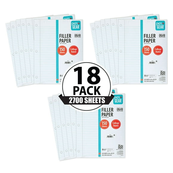 Pen+Gear College Rule Filler Paper, 8"x10.5, 150 Sheets Each (18 Pack), New