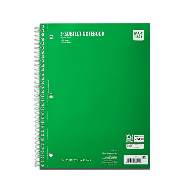 Pen + Gear College Ruled 3-Subject Notebook, 8" x 10.5", Green, 120 ...