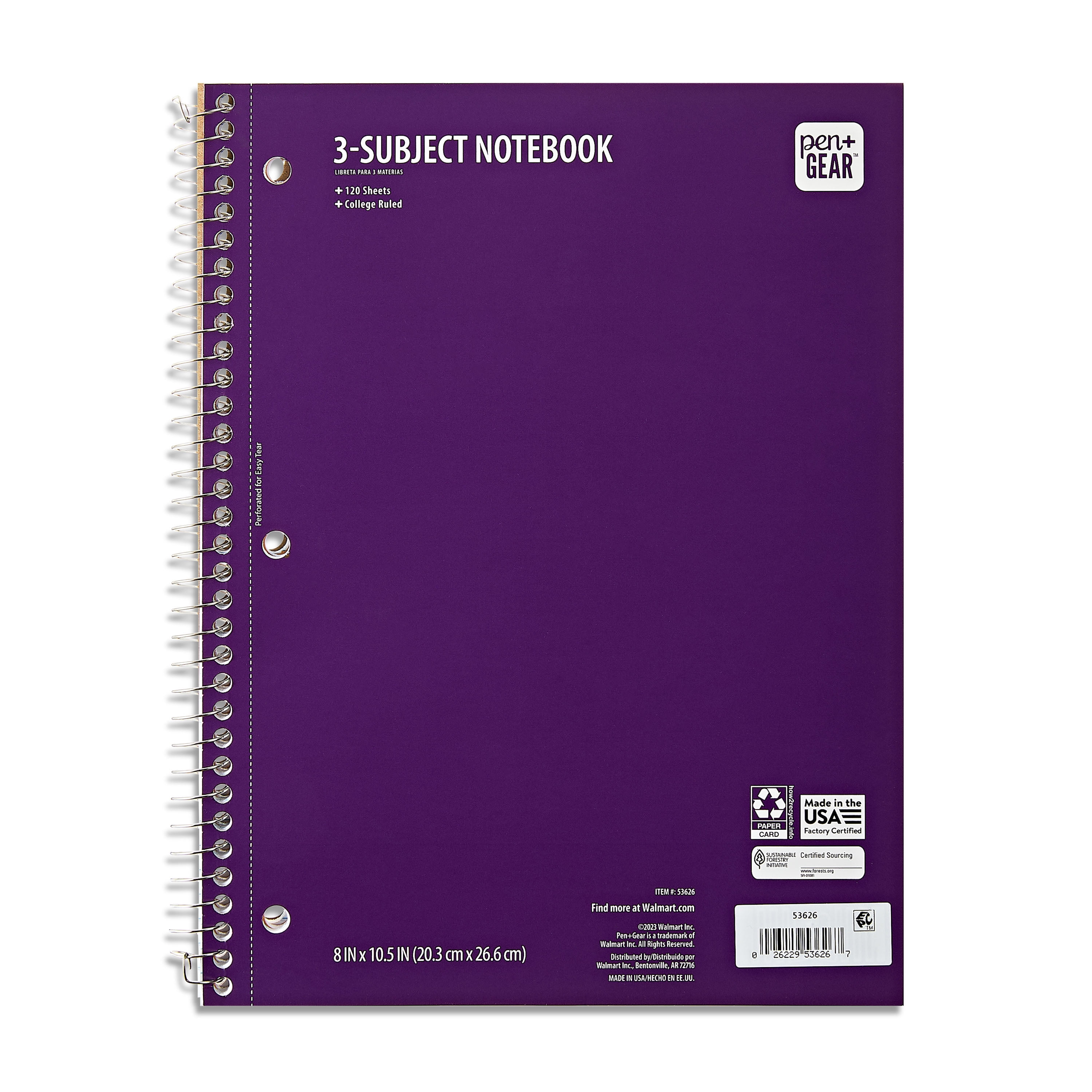 Pen + Gear College Ruled 3-Subject Notebook, 8" x 10.5", Purple, 120 ...