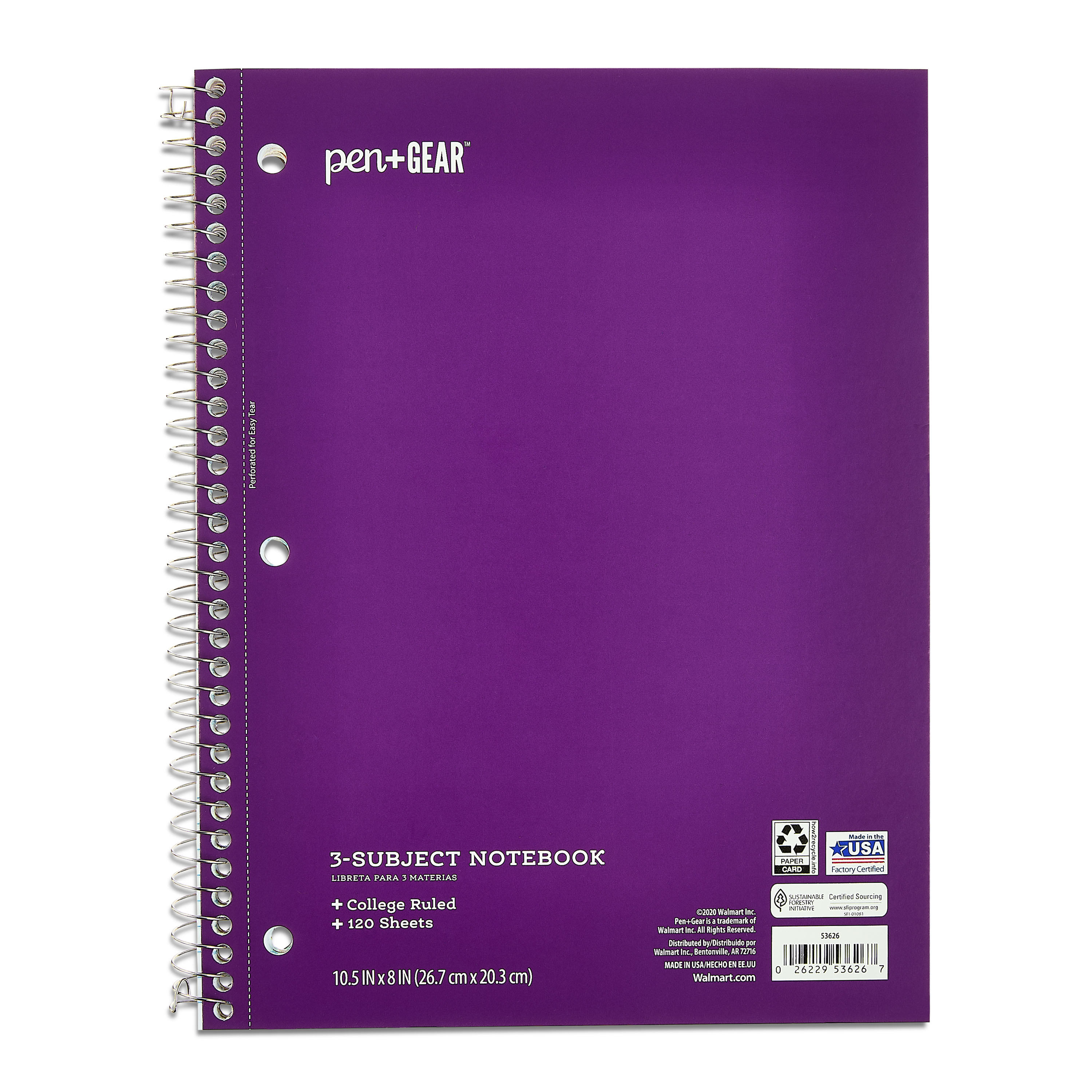 Pen+Gear College Ruled 3-Subject Notebook, 8" x 10.5", Purple, 120 ...