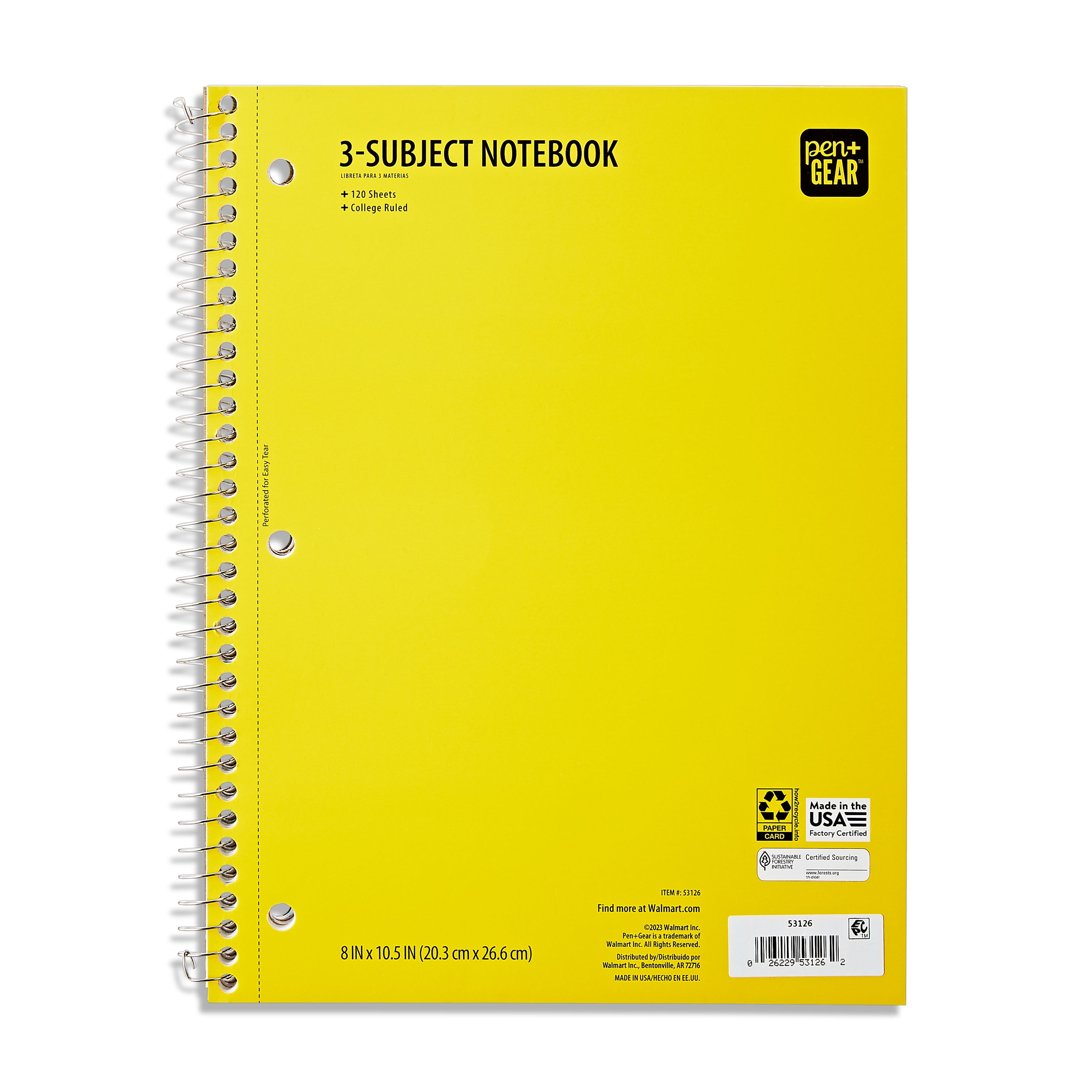 Pen + Gear College Ruled 3-Subject Notebook, 8" x 10.5", Yellow, 120 ...
