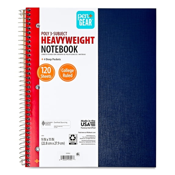 Pen+Gear College Ruled 3-Subject Poly Notebook, Blue Sapphire, 9" x 11 ...