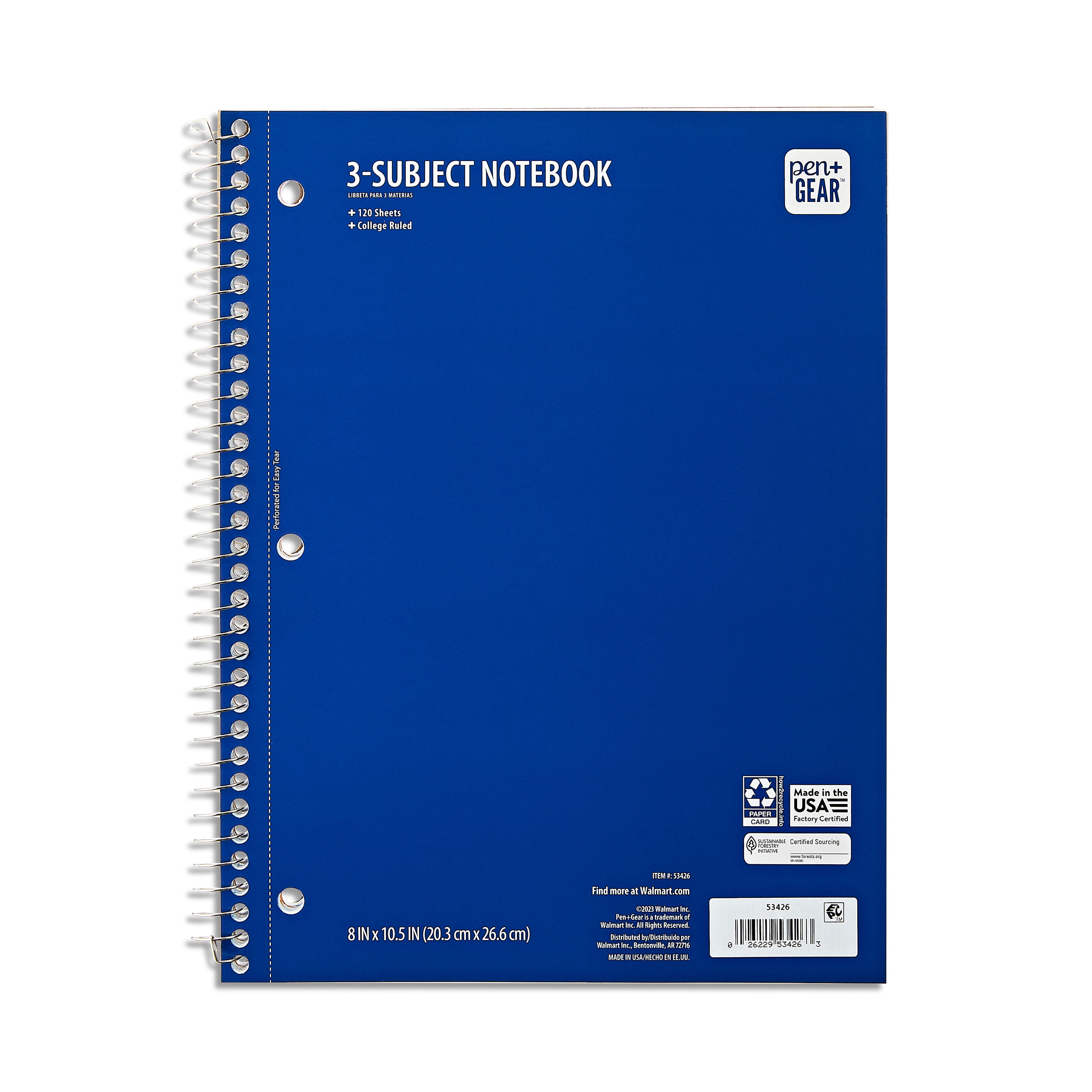Pen + Gear College Ruled 3-Subject Spiral Notebook, Blue, 10.5" x 8 ...