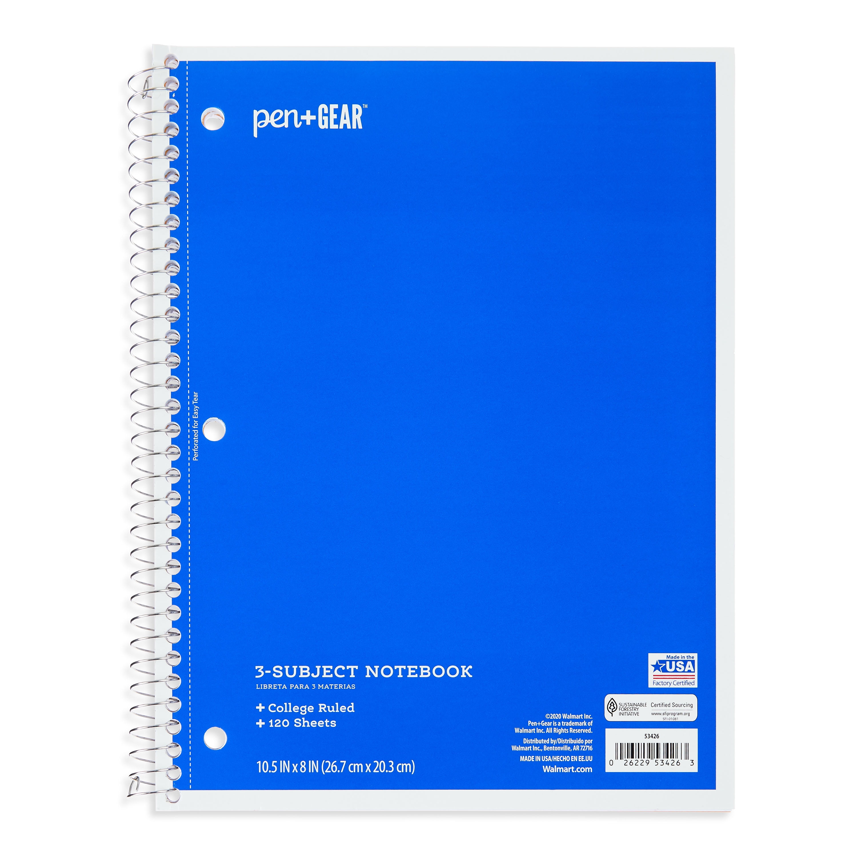 Pen+Gear College Ruled 3-Subject Spiral Notebook, Blue, 10.5" x 8", 120 ...