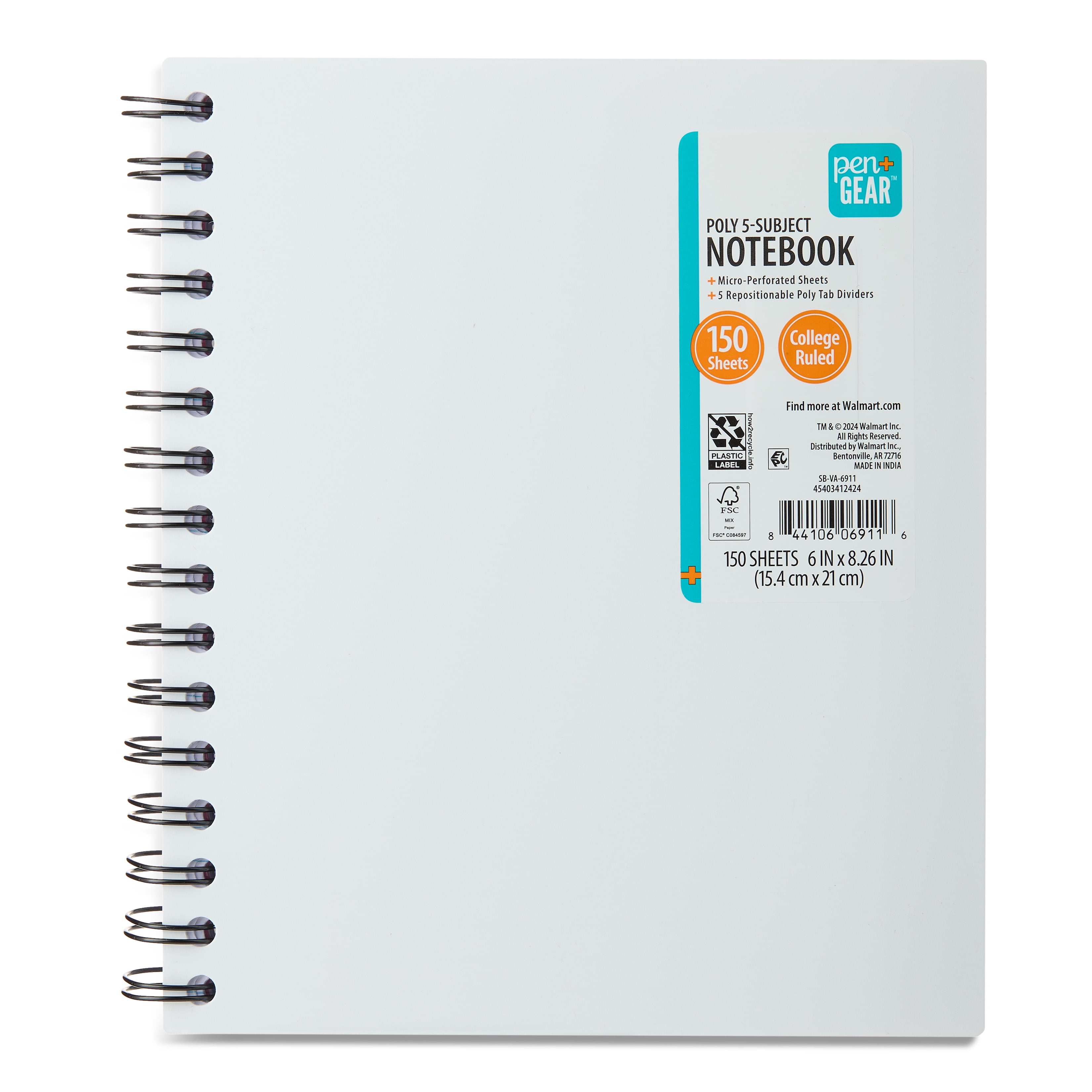 Pen+Gear College Ruled 5-Subject Poly Notebook, White, 6" x 8.26", 150 ...