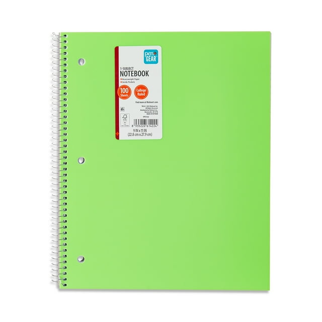 Pen+Gear College Ruled Poly 1-Subject Notebook, Green, 100 Heavyweight ...