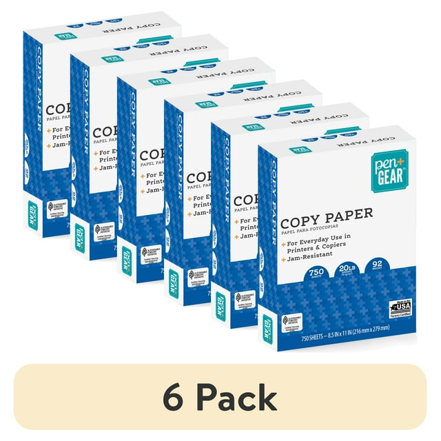 (6 pack) Pen+Gear Copy Paper, White, 8.5" x 11", 20 lb., 92 Bright, 750 ...