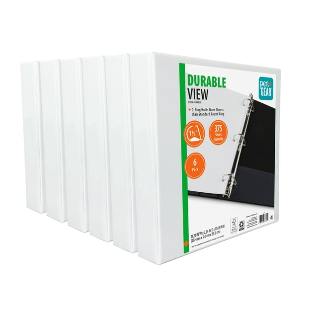 Pen + Gear Durable View 3-Ring Binder with 1.5" Rings, Slanted D-Rings, White, 6 Pack - Walmart.com