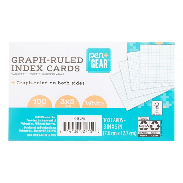 Pen + Gear Graph-Ruled Index Cards, White, 100 Count, 3" x 5" - Walmart.com