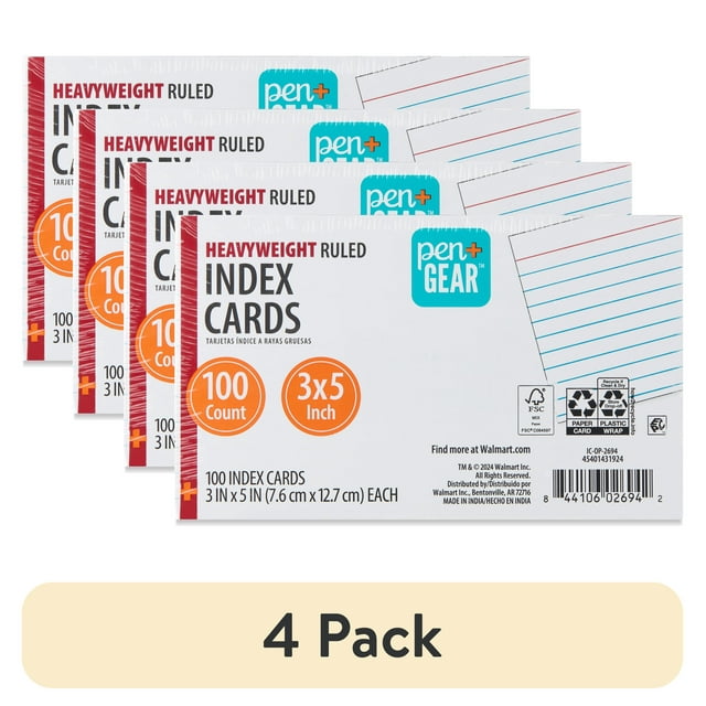 (4 pack) Pen+Gear Heavyweight Ruled Index Cards, White, 100 Count, 3" x ...
