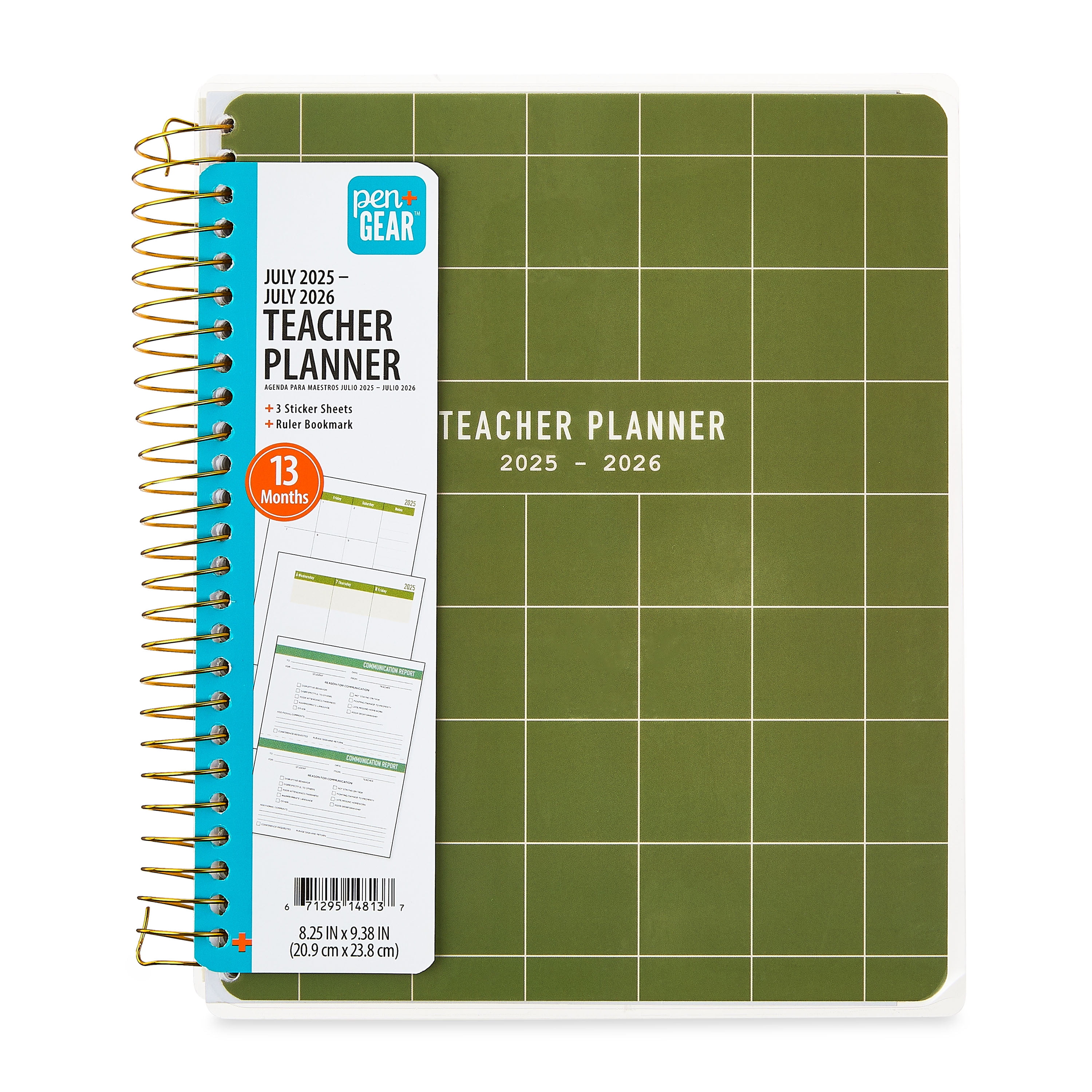 Pen+Gear 13-Month Monthly Teacher Planner, 7.75" x 9.1", Green, July ...