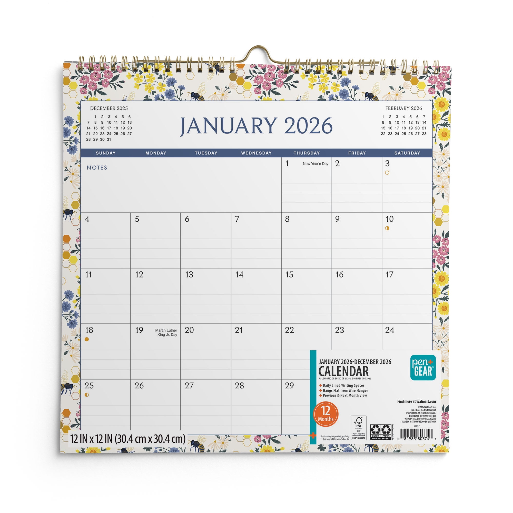 Pen+Gear Monthly Spiral Calendar (12"x12") Bees 12 Month Jan 2026-Dec ...